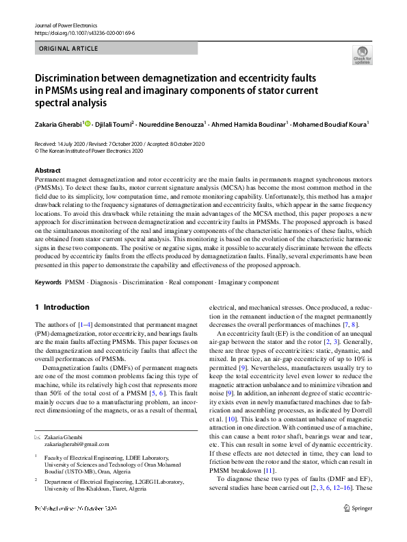 Pdf Discrimination Between Demagnetization And Eccentricity Faults In Pmsms Using Real And