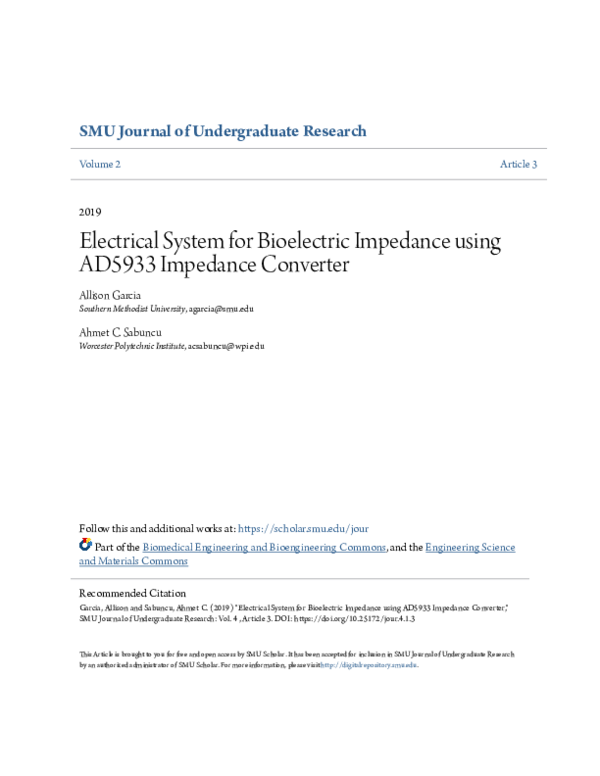 (PDF) Electrical System for Bioelectric Impedance using AD5933 Impedance Converter