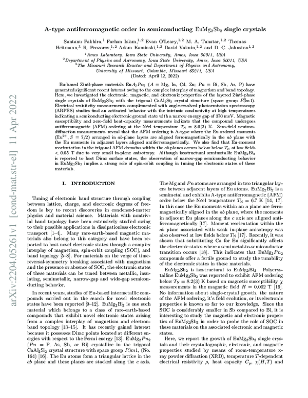 (PDF) A-type antiferromagnetic order in semiconducting EuMg2Sb2 single ...