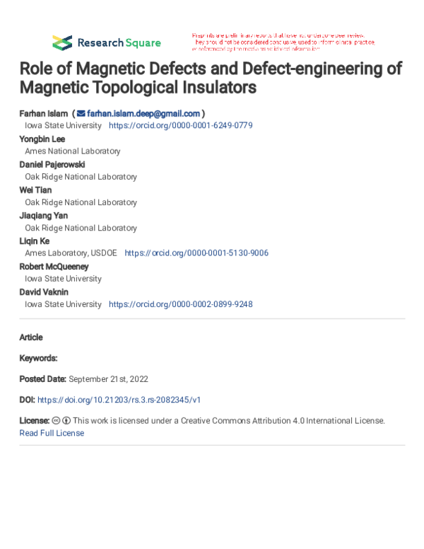 (PDF) Role of Magnetic Defects and Defect-engineering of Magnetic Topological Insulators