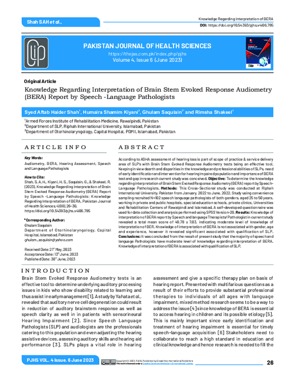 (PDF) Knowledge Regarding Interpretation of Brain Stem Evoked Response ...