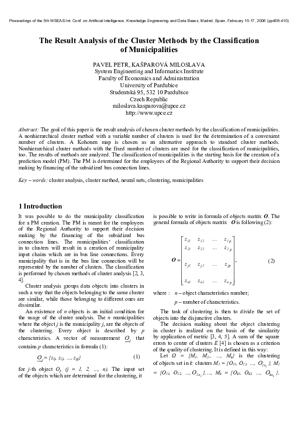 (PDF) The result analysis of the cluster methods by the classification of municipalities