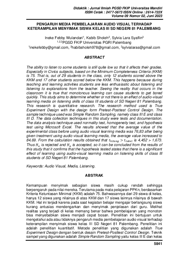 (PDF) Pengaruh Media Pembelajaran Audio Visual Terhadap Keterampilan Menyimak Siswa Kelas III SD ...