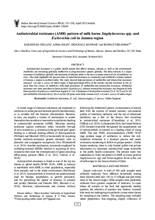 (PDF) Antimicrobial resistance (AMR) pattern of milk borne ...