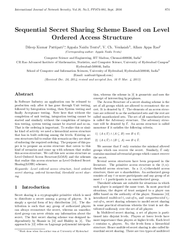 (PDF) Sequential Secret Sharing Scheme Based on Level Ordered Access ...