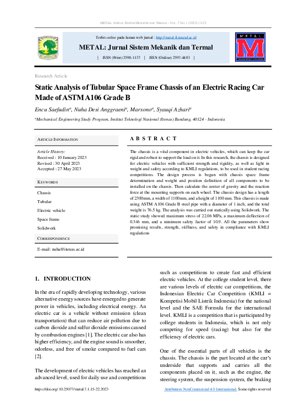 (PDF) Static Analysis of Tubular Space Frame Chassis of an Electric ...