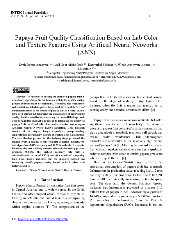 (PDF) Papaya Fruit Quality Classification Based on Lab Color and Texture Features Using ...