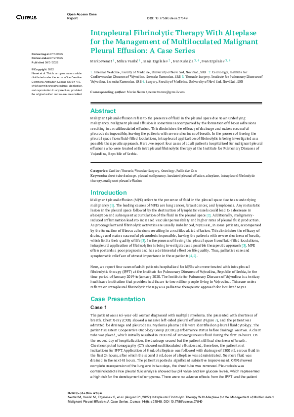 (PDF) Intrapleural Fibrinolytic Therapy With Alteplase for the ...
