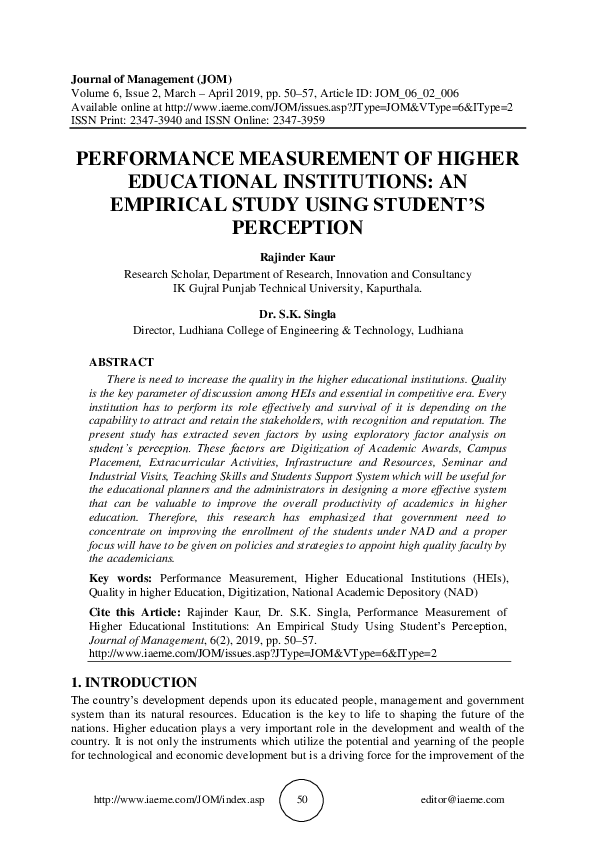 (PDF) PERFORMANCE MEASUREMENT OF HIGHER EDUCATIONAL INSTITUTIONS: AN EMPIRICAL STUDY USING ...
