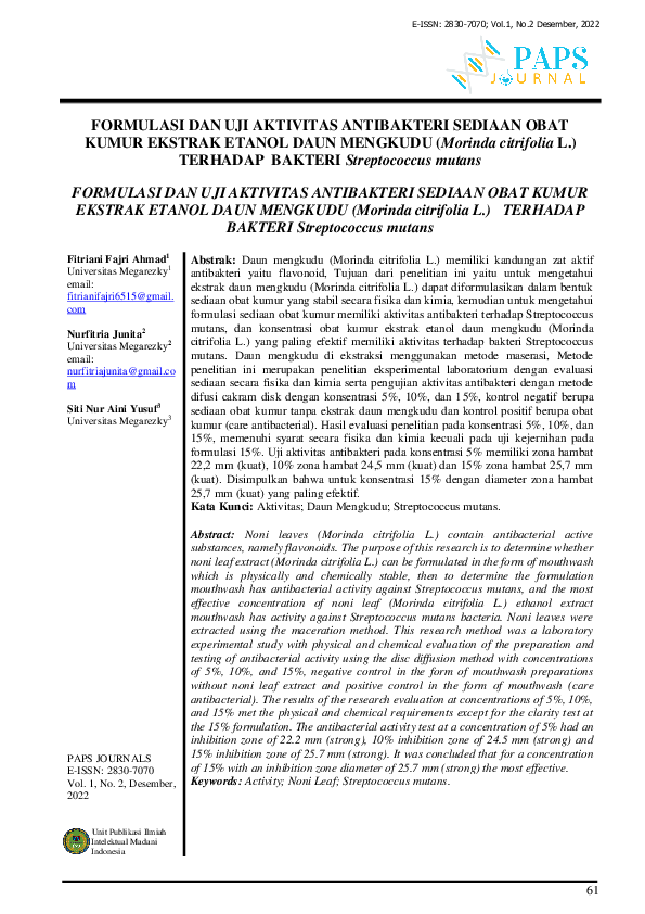 (PDF) FORMULASI DAN UJI AKTIVITAS ANTIBAKTERI SEDIAAN OBAT KUMUR EKSTRAK ETANOL DAUN MENGKUDU ...