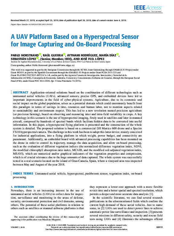 Pdf A Uav Platform Based On A Hyperspectral Sensor For Image Capturing And On Board Processing