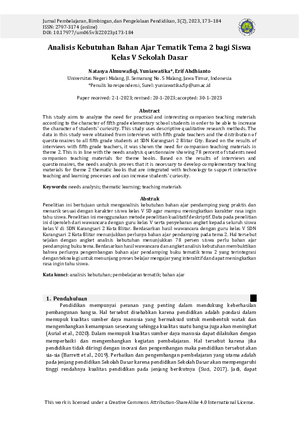 (PDF) Analisis Kebutuhan Bahan Ajar Tematik Tema 2 bagi Siswa Kelas V Sekolah Dasar