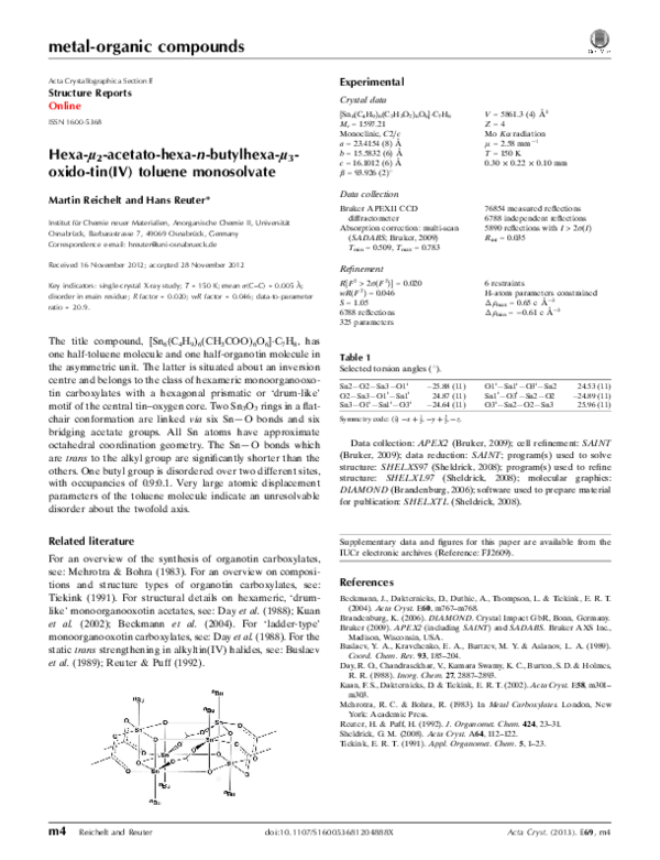 (PDF) Hexa-μ2-acetato-hexa-n-butylhexa-μ3-oxido-tin(IV) toluene ...