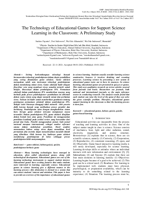 (PDF) The Technology of Educational Games for Support Science Learning ...