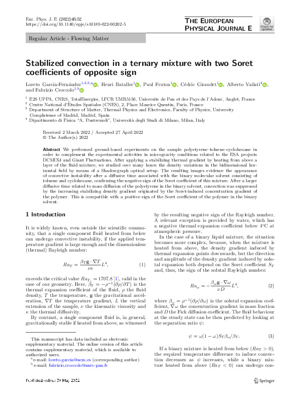 (PDF) Stabilized convection in a ternary mixture with two Soret coefficients of opposite sign