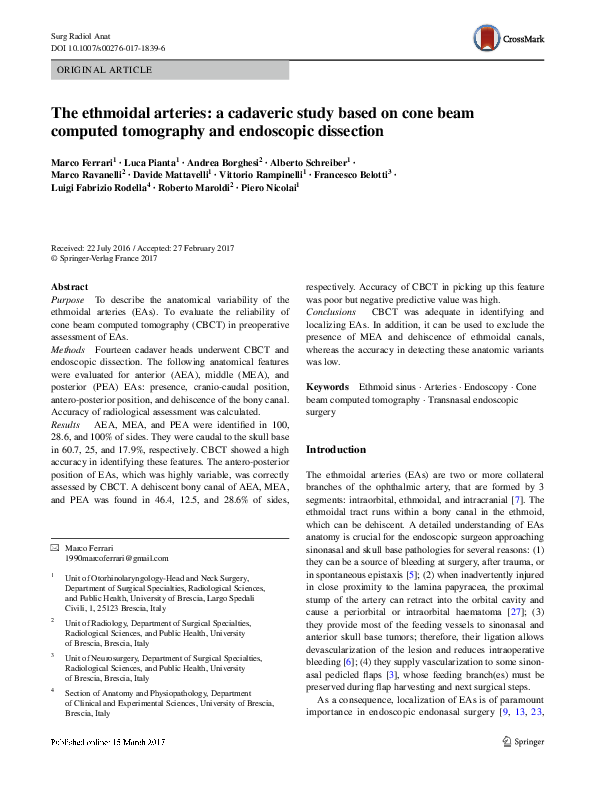 (PDF) The ethmoidal arteries: a cadaveric study based on cone beam ...