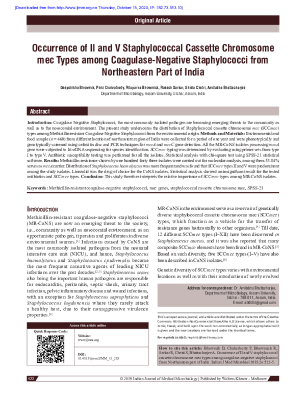 (PDF) Occurrence of II and V Staphylococcal Cassette Chromosome mec Types among Coagulase ...