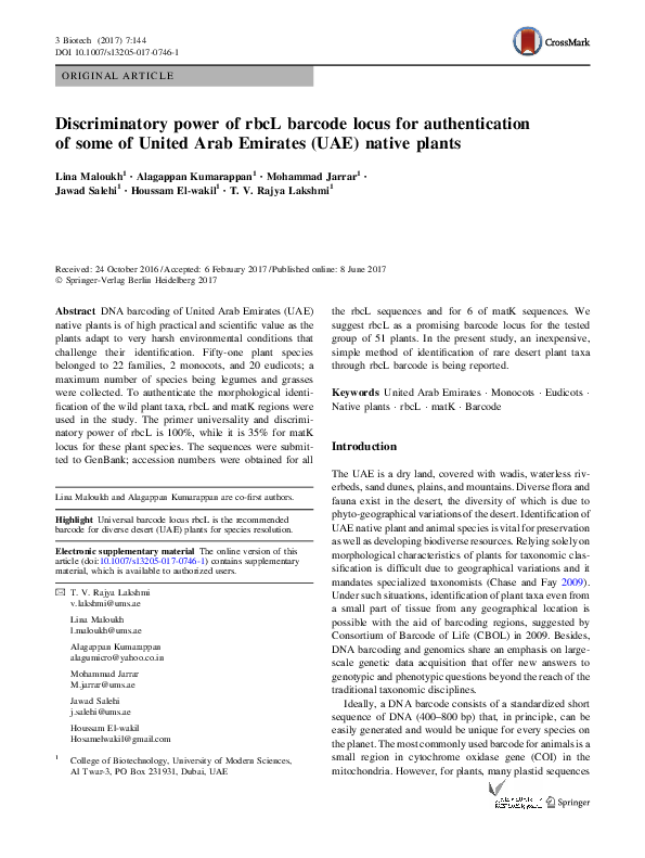 (PDF) rbcL Barcode for UAE Native Plant Authentication