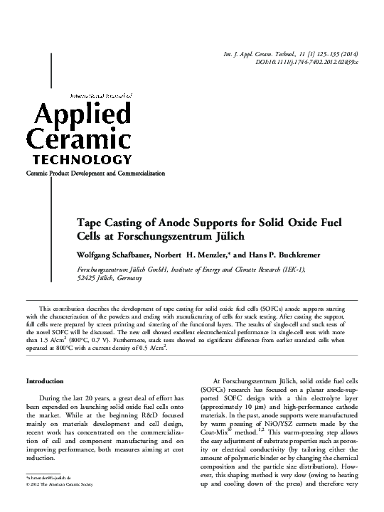 (PDF) Tape Casting of Anode Supports for Solid Oxide Fuel Cells at ...