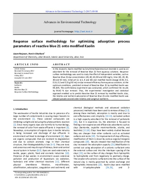 (PDF) Response Surface Methodology for Optimizing Adsorption Process Parameters of Reactive Blue ...