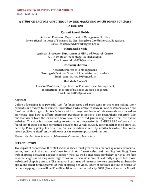 (PDF) A STUDY ON FACTORS AFFECTING OF ONLINE MARKETING ON CUSTOMER PURCHASE INTENTION