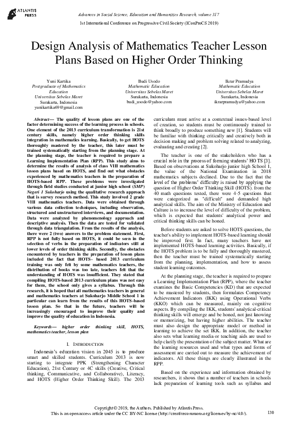 (PDF) Design Analysis of Mathematics Teacher Lesson Plans Based on ...