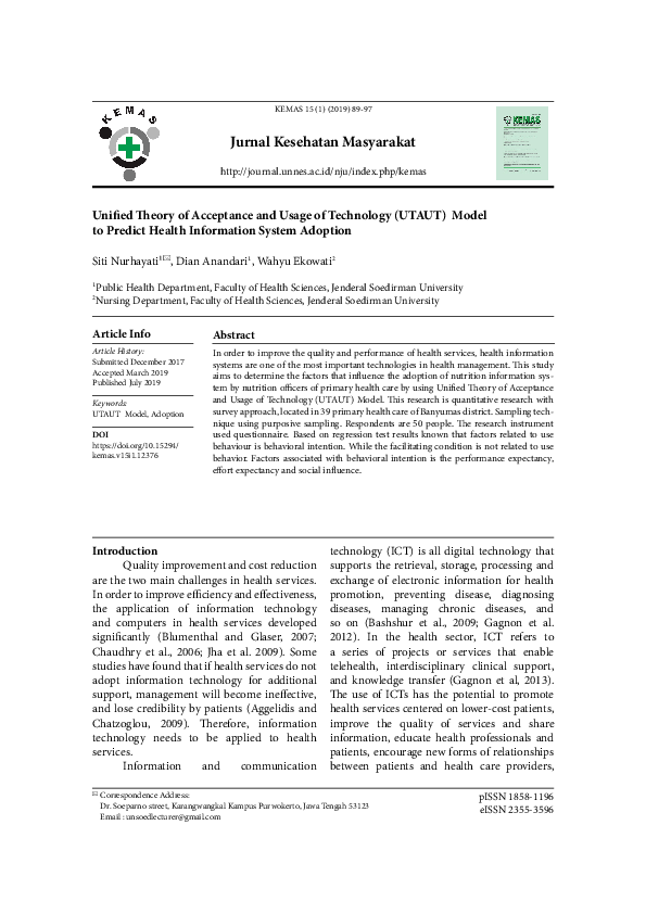 (PDF) Unified Theory of Acceptance and Usage of Technology (UTAUT) Model to Predict Health ...