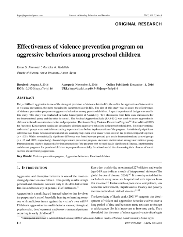 (PDF) Effectiveness of violence prevention program on aggressive ...