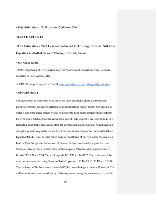 (PDF) Estimation of Soil Loss and Sediment Yield Using Universal Soil Loss Equation in Jiadhal ...