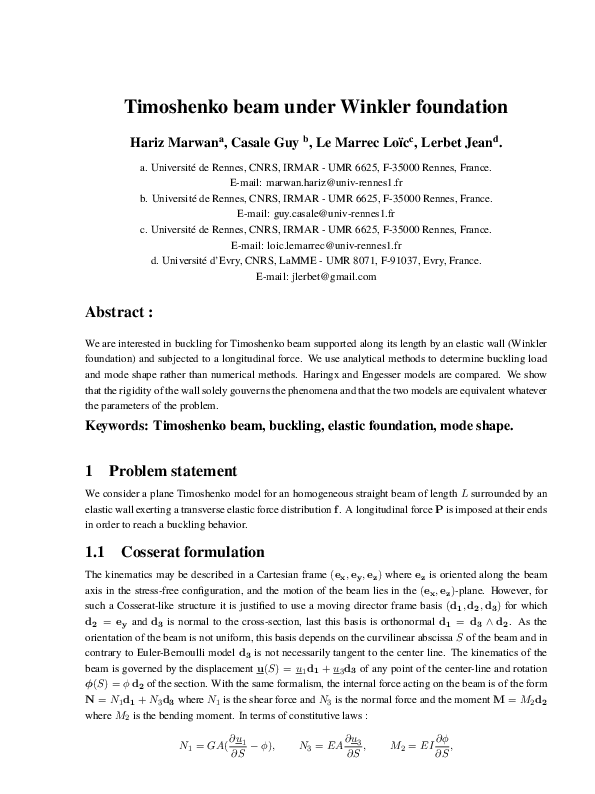 (PDF) Buckling of Timoshenko Beam on Winkler Foundation