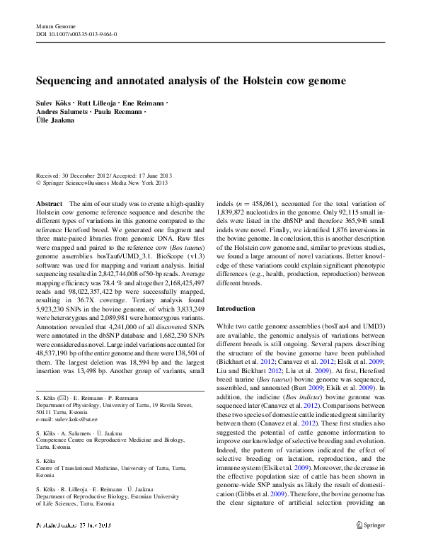 (PDF) Sequencing and annotated analysis of the Holstein cow genome