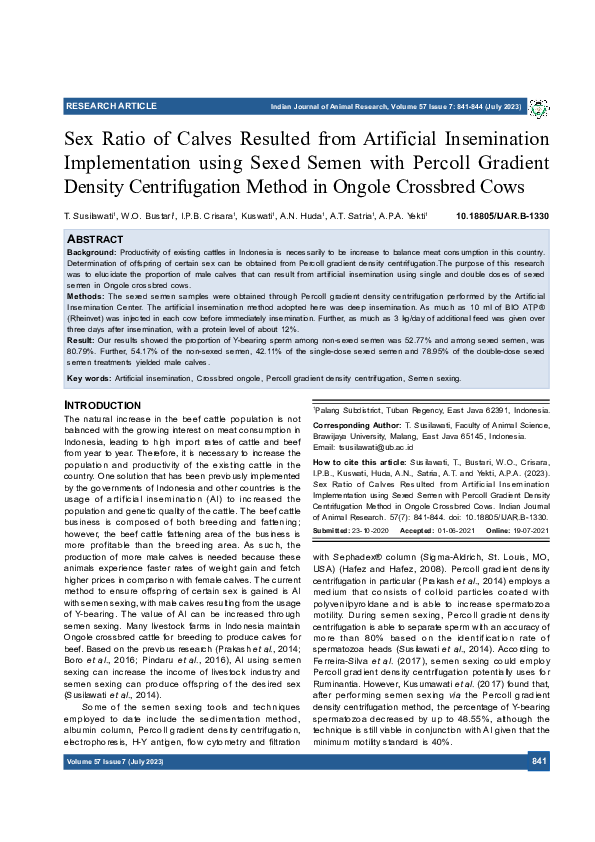 Pdf Sex Ratio Of Calves Resulted From Artificial Insemination Implementation Using Sexed Semen