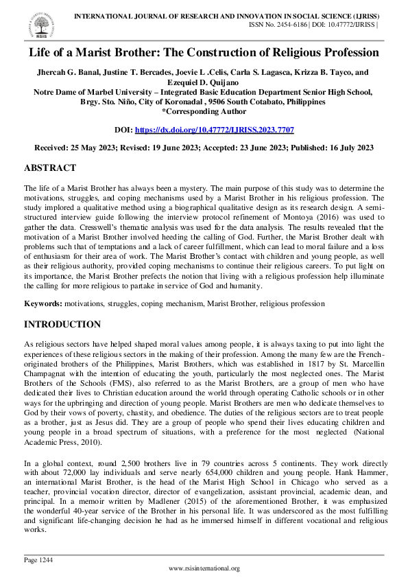 (PDF) Life of a Marist Brother: The Construction of Religious Profession