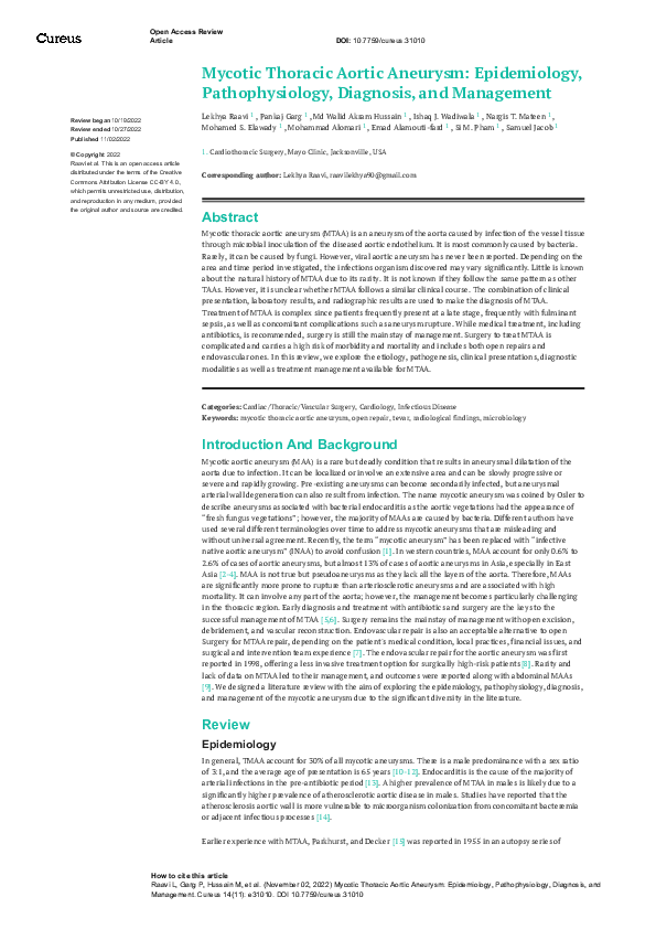 (PDF) Mycotic Thoracic Aortic Aneurysm: Epidemiology, Pathophysiology ...