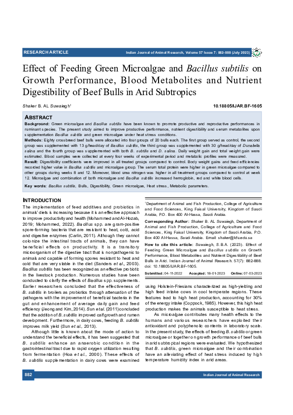 (PDF) Microalgae and Bacillus subtilis Boost Beef Bull Growth