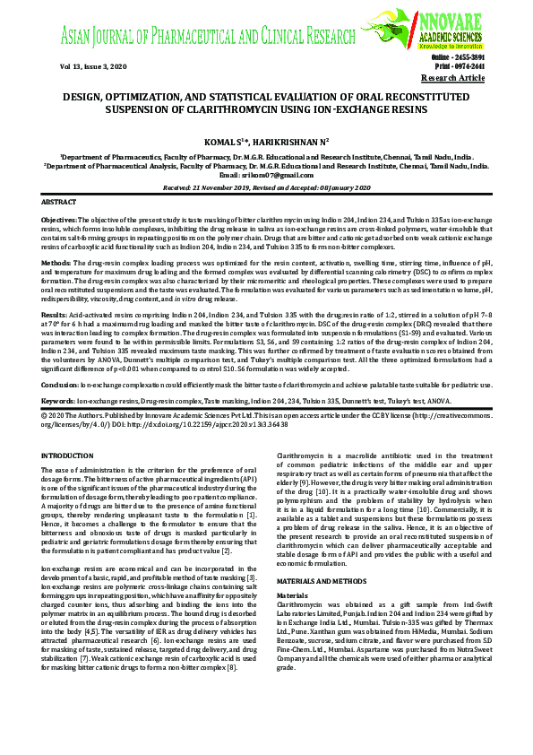 Pdf Design Optimization And Statistical Evaluation Of Oral Reconstituted Suspension Of