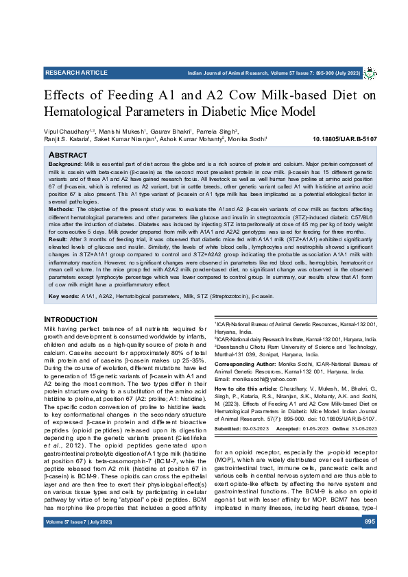 (PDF) Effects of Feeding A1 and A2 Cow Milk-based Diet on Hematological ...