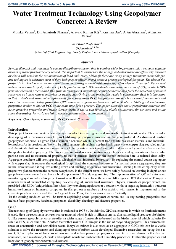 (PDF) Water Treatment Technology Using Geopolymer Concrete: A Review