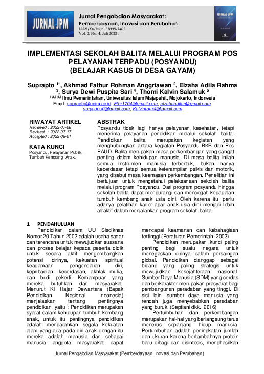 (PDF) Implementasi Sekolah Balita Melalui Program Pos Pelayanan Terpadu ...