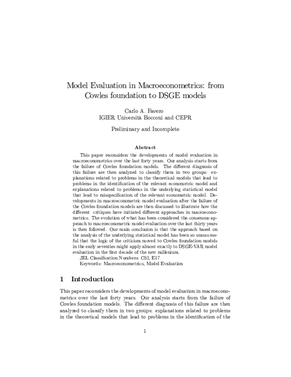 Pdf Model Evaluation In Macroeconometrics From Cowles Foundation To