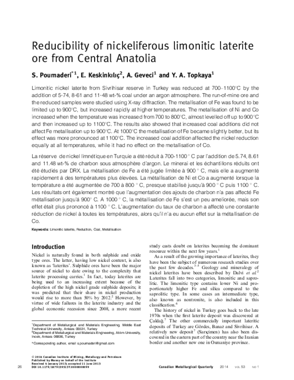 (PDF) Reducibility of nickeliferous limonitic laterite ore from Central ...