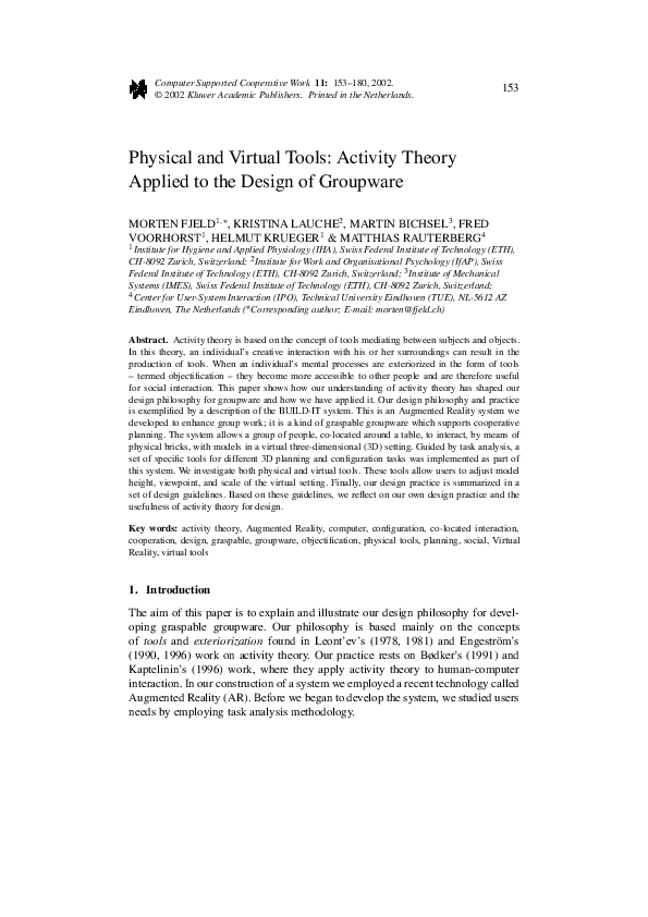 (PDF) Physical and Virtual Tools: Activity Theory Applied to the Design of Groupware