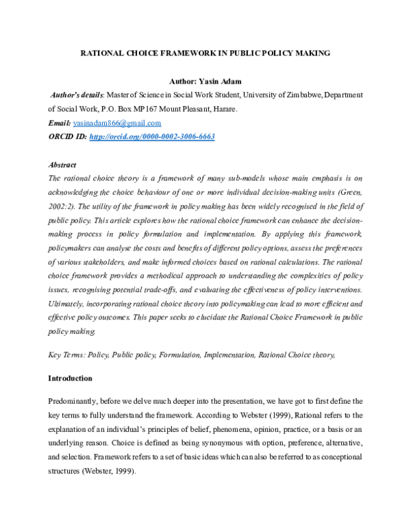 (PDF) RATIONAL CHOICE FRAMEWORK IN PUBLIC POLICY MAKING