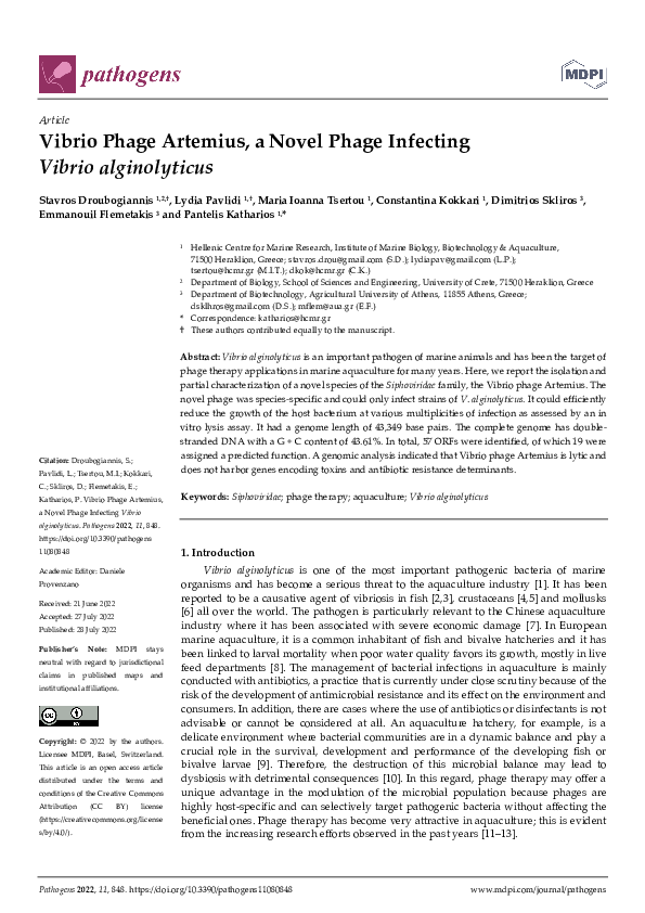(PDF) Vibrio Phage Artemius, a Novel Phage Infecting Vibrio alginolyticus
