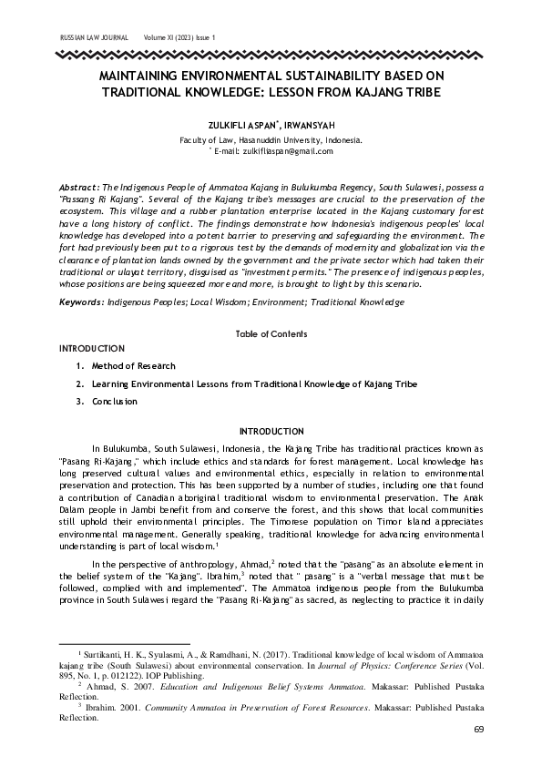 (PDF) Maintaining Environmental Sustainability Based on Traditional ...