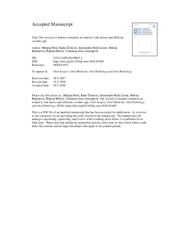 (PDF) The severity of denture stomatitis as related to risk factors and ...