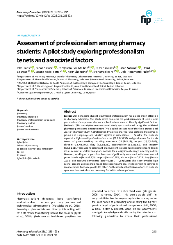 (PDF) Assessment of professionalism among pharmacy students: A pilot ...
