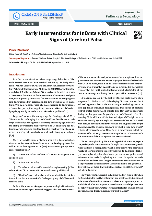 (PDF) Early Interventions for Infants with Clinical Signs of Cerebral Palsy
