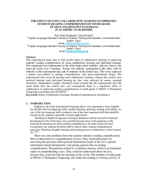 (PDF) The Effect of Using Collaborative Learning in Improving Students Reading Comprehension of ...