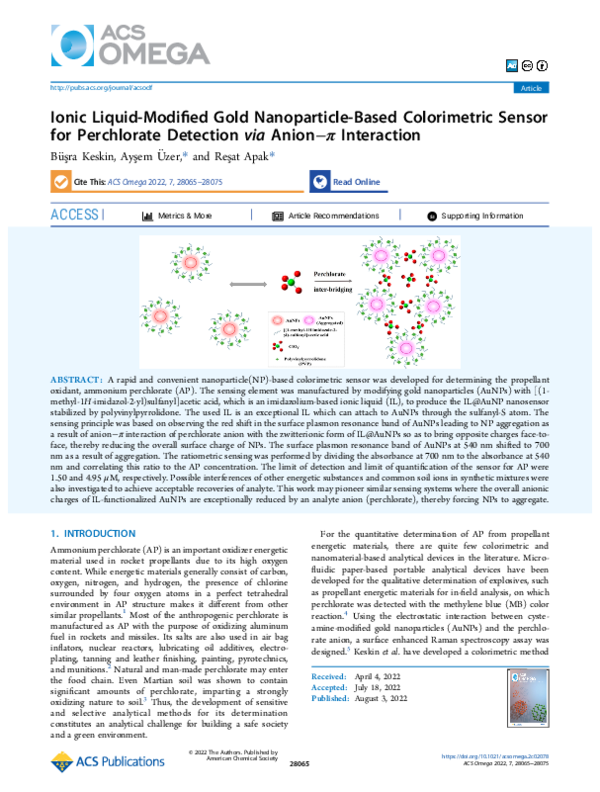 Pdf Ionic Liquid Modified Gold Nanoparticle Based Colorimetric Sensor For Perchlorate